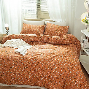 LifeTB Garden Style Orange Floral Duvet Cover King Boho Flower Botanical Bedding Sets Burnt Orange Pumpkin Color Comforter Cover 100% Cotton Floral Bedding Sets 1 King Duvet Cover with 2 Pillowcases