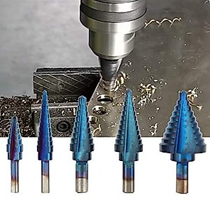 Step Drill Bits, 5pcs 1/4 Triangles Shank Stepless Drill Bit Set with Blue Coating Step Down Drill Bit for Sheet Metal Hole Drilling Cutting