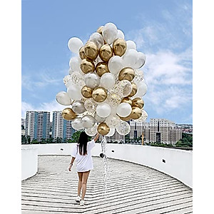 Gold Balloons 60 Pack 12 inch Matte White Metal Gold and Confetti Latex Globo Balloon Bulk with 33 Ft Gold Ribbon for Wedding Birthday Party Graduation Engagement Bridal Shower Decorations