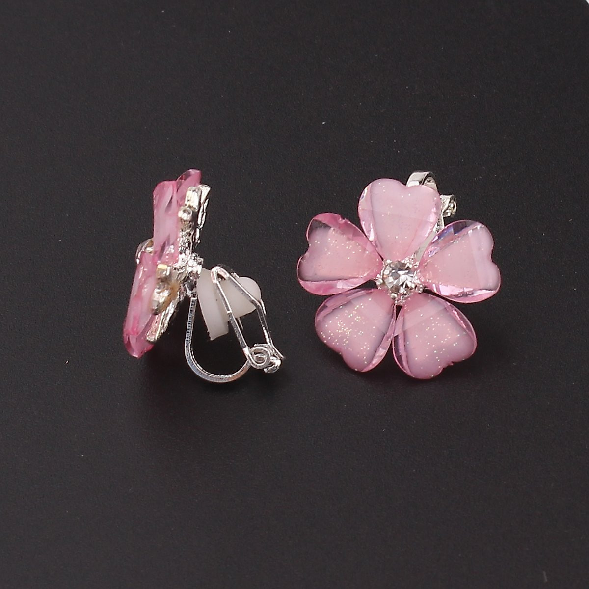 GRACE JUN Silver Plated or Gold Plated Opal Flower Shape Clip on Earrings Non Piercing for Women (Pink)