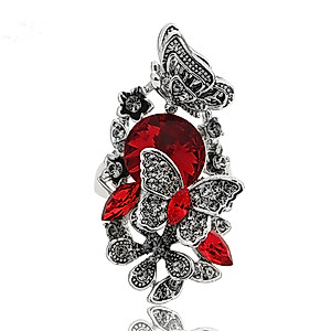 Ajojewel Red Crystal Rhinestone Flower and Butterfly Rings For Women Retro Vintage Jewelry (Red, 8)