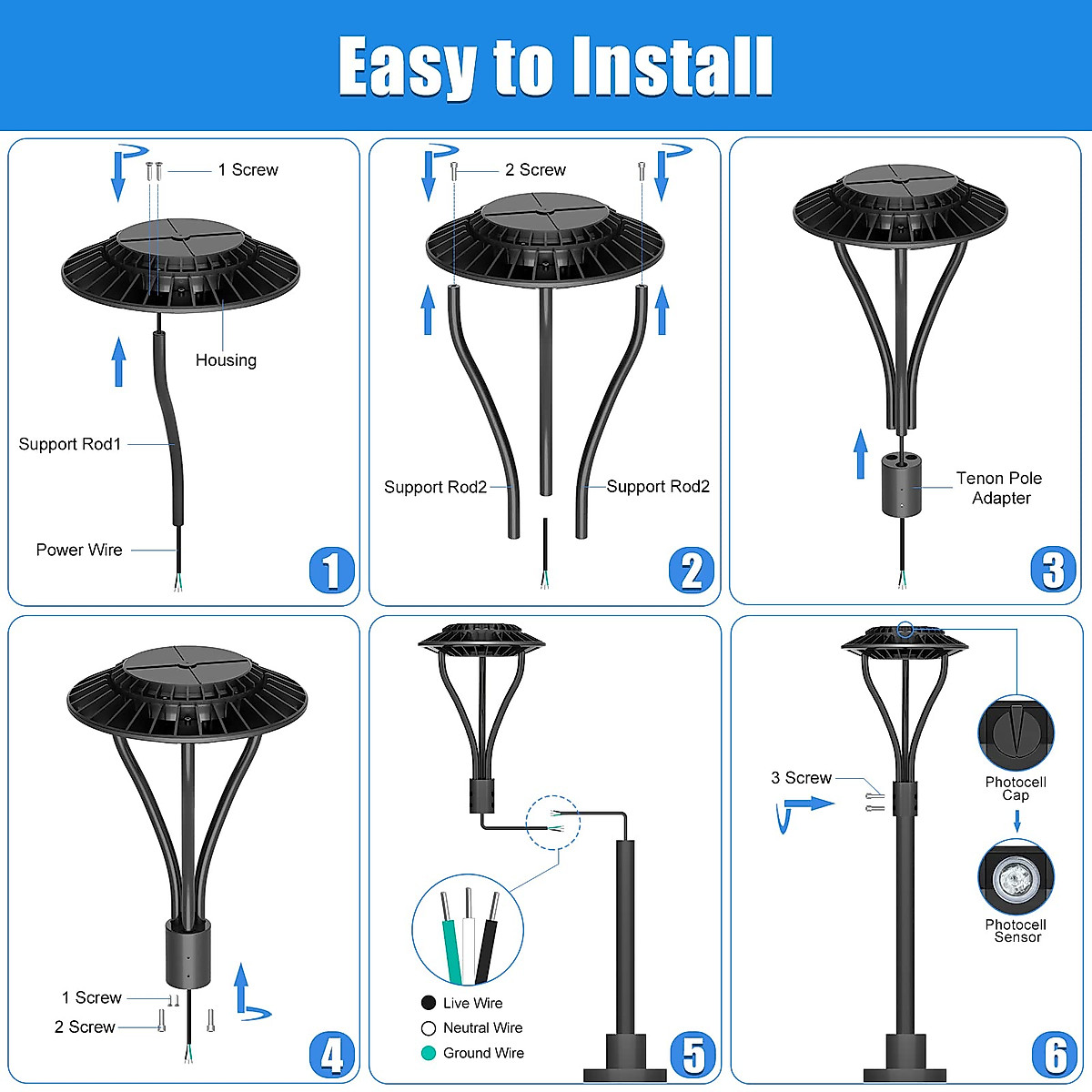 OPENLUX LED Post Top Light ETL DLC Listed 150W 120W 90W Adjustable Outdoor Pole Lights with Photocell IP65 Waterproof Post LED Fixture 5000K for Garden Yard Street Lighting
