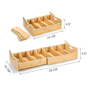 Kingrol Expandable Food Storage Container Lid Organizer, Large Capacity Bamboo Lid Organizer with 6 Adjustable Dividers for Kitchen Cabinet Organizers and Storage, 14.1-25.8 Inches