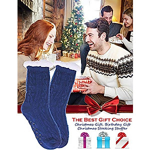 Anlisim Men Slipper Socks Fluffy Fuzzy Cabin Cozy Winter Warm Comfy Soft Fleece Thick Home Stocking Stuffers with Grips Non Skid Gift Socks（ Blue）
