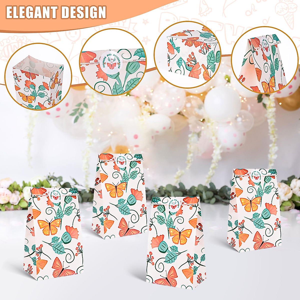 Shindel 24PCS Paper Gift Bags with Stickers, Butterfly Candy Bags Floral Treat Bags Party Favor Goodie Bags for Women Girls Birthday Party Tea Party