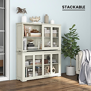 COSTWAY Buffet Sideboard with Storage, 2-Door Floor Cupboard with Sliding Tempered Glass Cabinet & Adjustable Shelf, Stackable Storage Cabinet for Kitchen, Entryway (Cream White)