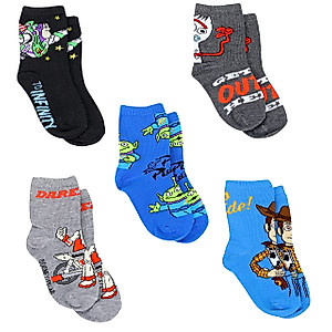Disney Toy Story Novelty Crew Socks for Boys, Forky Woody Buzz Daredevil Alien Multi Pack of 5, Small