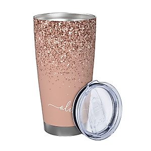 Blush Pink Rose Gold Glitter 20oz Tumbler Stainless Steel Vacuum Insulated Coffee Travel Mug, Durable Insulated Coffee Travel Mug with Splash-Proof Lid Metal Straw and Brush Thermal Cup for Outdoor
