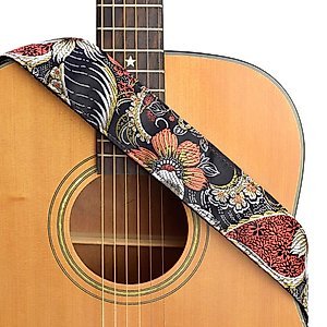 CLOUDMUSIC Guitar Strap For Acoustic Electric Embroidered Jacquard Vintage Floral Patterns(Flowers In Black)