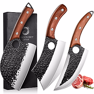 DRAGON RIOT Professional Butcher Knife Set for Meat Processing, 3Pcs High Carbon Steel Hand Forged Serbian Cleaver Chef Knife Set with Ergonomic Handles for Kitchen Outdoor Cooking