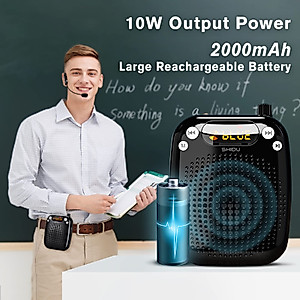 Voice Amplifier, SHIDU Wireless Voice Amplifier 10W Rechargeable Portable PA System Speaker with UHF Wireless Microphone Headset Support MP3 Play for Teachers, Yoga, Tour Guides, Outdoor Trainers