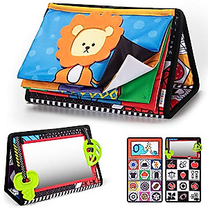 teytoy Tummy Time Mirror Newborn Toys Infant Toys 0-3 Months Brain Developmental Baby Mirror Tummy Time Toys with Cloth Book&Teethers,High Contrast Black and White Baby Toys 4 6 9 12 Month Sensory Toy