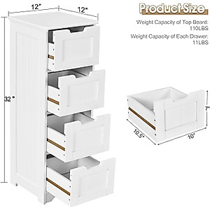 Tangkula Bathroom Floor Cabinet with 4 Drawers, 12 x 12 x 32 Inch, Freestanding Storage Cabinet for Bathroom Living Room, Wooden Bathroom Cabinet for Home Office (White)