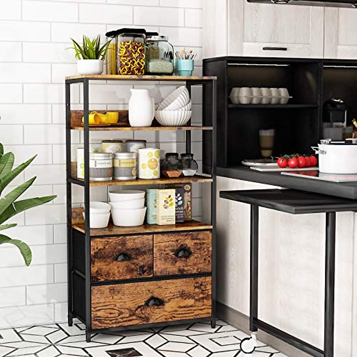 Furnulem 8 Drawer Dresser Wide 40'' Long, Storage Chest of Drawer for 50'' TV Stand and Tall Storage Shelf 4-Tier,Bookshelf Rack with 3 Fabric Storage Drawers