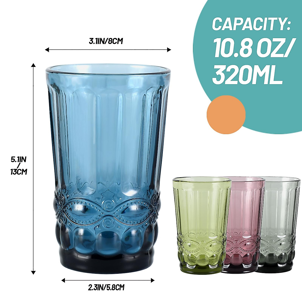 Wongblee Colored Drinking Glasses 10.8 Oz, Vintage Embossed Multicolored Glassware, Romantic Tumblers Glass for Water, Juice, Beverages, Pack of 4