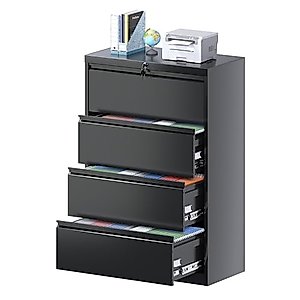 METAN Lateral 4 Drawer File Cabinet, Locking Metal File Cabinet for Home Office, Steel Lateral File Cabinet for Letter Legal Size, Assembly Required, Black