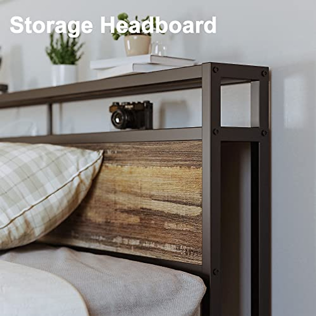 LIKIMIO King Bed Frame with Storage Drawer, 2-Tier Storage Headboard with Charging Station, No Box Spring Needed, Easy Assembly, Rustic Brown