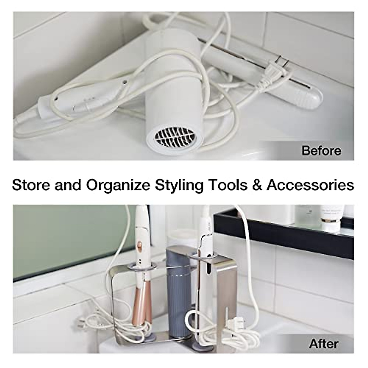 GREENTEC Foldable Hair Dryer Holder, 3 in 1 Hairstyling Tools Organizer, Curing Wand Stand, Heat Resistant Organizer for Flat Iron, Stainless Steel Holder for Bathroom, Cabinet, Salon Station