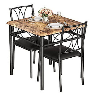 Amyove Kitchen Table Set for 2, 3 Piece Dining Table and Chairs, Metal and Wood Square Dining Room Table Set with 2 Upholstered Chairs, Dining Table Set for Small Spaces, Apartment, Rustic Brown