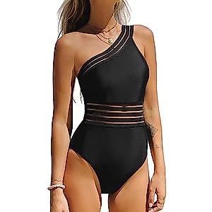 CUPSHE Women's One Piece Swimsuits Bathing Suits One Shoulder Adjustable Straps Cutout Asymmetrical Swimwear Mesh, L Black