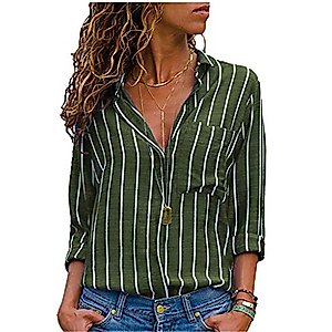 Andongnywell Women's Stripe Lapel Long Sleeve Shirts Tops Plain Front Pockets Turn Down Button Shirts (Green,3,Large)