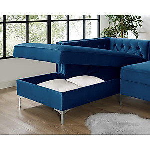 Inspired Home Navy Chaise Sectional Sofa - Design: Giovanni | 115" Left Facing | Velvet | Storage | Metal Legs | Tufted Design