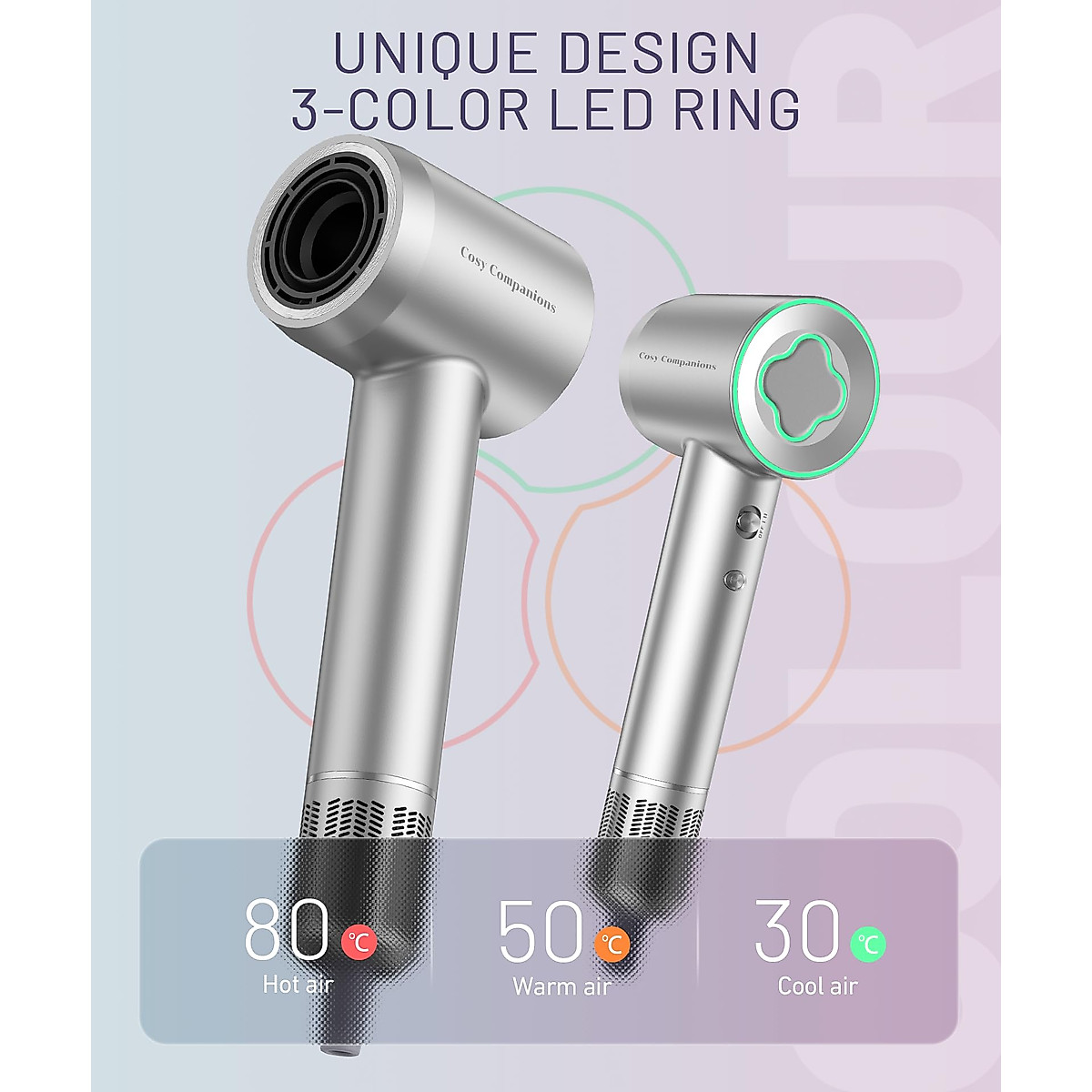 Hair Dryer - 150000 RPM High-Speed Brushless Motor Negative Ionic Blow Dryer for Fast Drying, Low Noise Thermo-Control Hair Dryer with Diffuser and Nozzle, Silvery