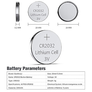 GutAlkaLi CR2032 Lithium 3V Battery, Electronic Coin Cell Button for Toys Calculators Watches(40 Pcs)