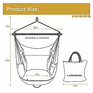 LAISHSNAIL Hammock Chair Swing, Hanging Chair for Bedroom with Metal Support Bar, Integrated Storage Bag, Cushions & Hardware Included, Swing Chair for Indoor or Outdoor (with Hardware-Gray&White)