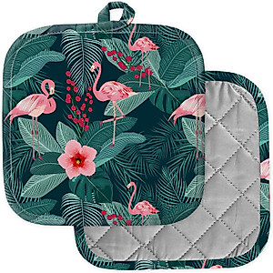 [Pack of 2] Pot Holders for Kitchen, Washable Heat Resistant Pot Holders, Hot Pads, Trivet for Cooking and Baking ( Flamingo Leaves Monstera )