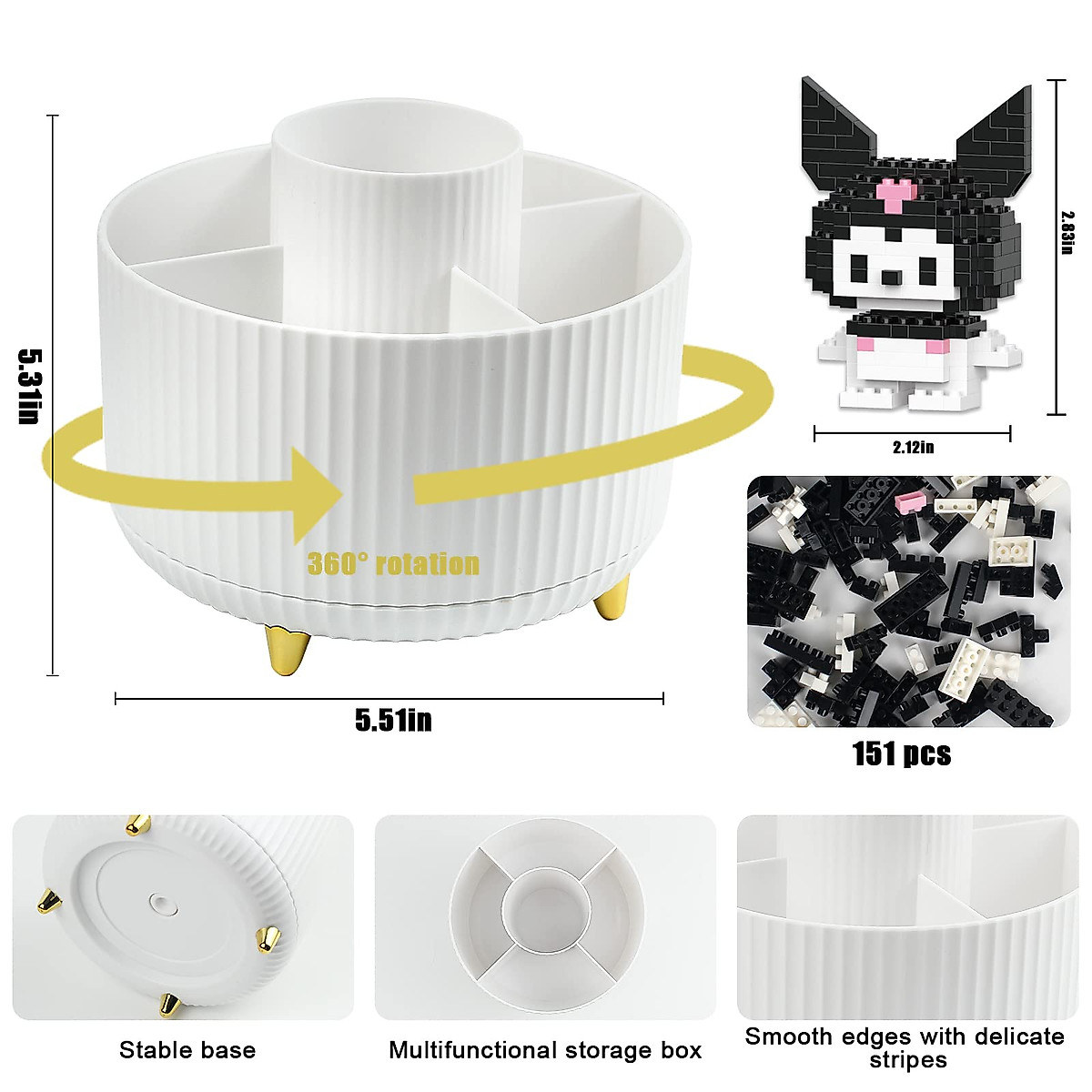 GOGIFTGO Desk Pencil Pen Holder, 5 Slots 360°Degree Rotating Desk Pencil Pen Holder, Desktop Storage Stationery Organizer for Office, School, Home (white)