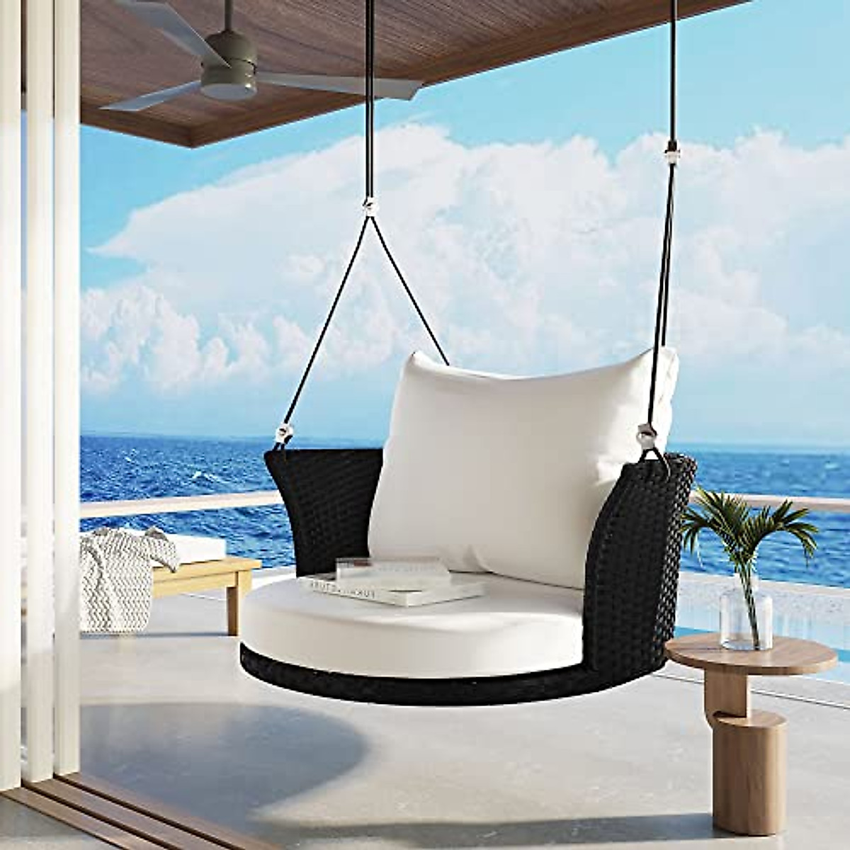 33.8'' Outdoor PE Rattan Swing Chair Hammock Chair, Single Person Hanging Seat Rattan Woven Swing Chair, Porch Swing with Adjustable Ropes and Cushion (Black White-1)