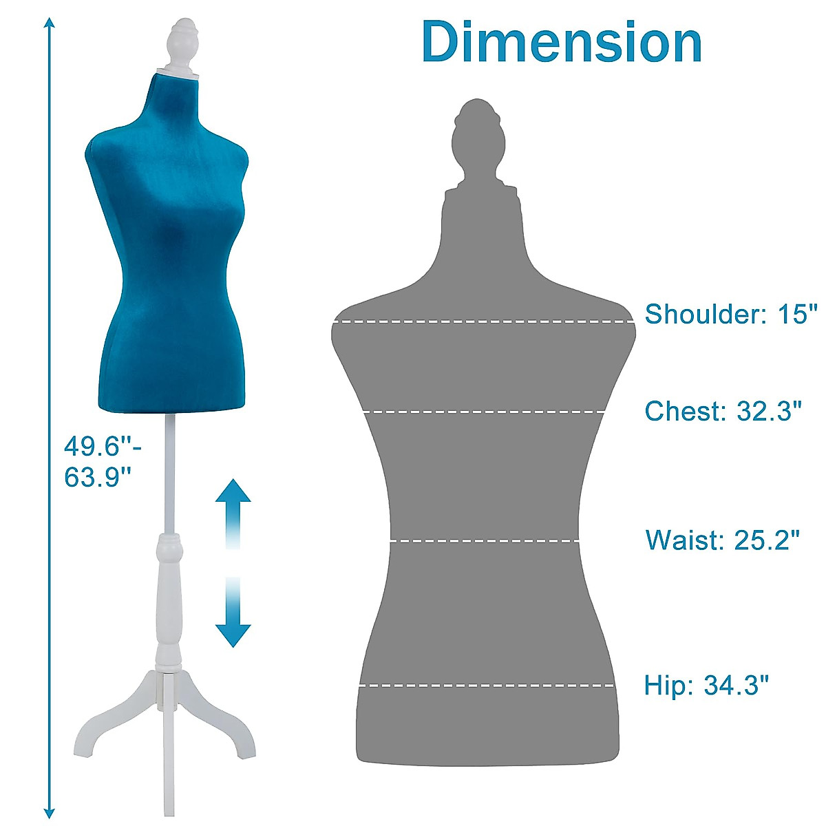 Mannequin Body, Female Dress Form Torso Manikin Body with Adjustable Height Wooden Tripod Stand for Sewing Dressmakers Dress Jewelry Display, Blue