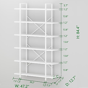 HSH 6 Tier Tall White Bookshelf, Industrial Modern Vertical Metal and Wood White Bookcases 6 Shelf,Farmhouse Open Large Storage Book Shelves & Display Book Shelf for Bedroom Living Room Office