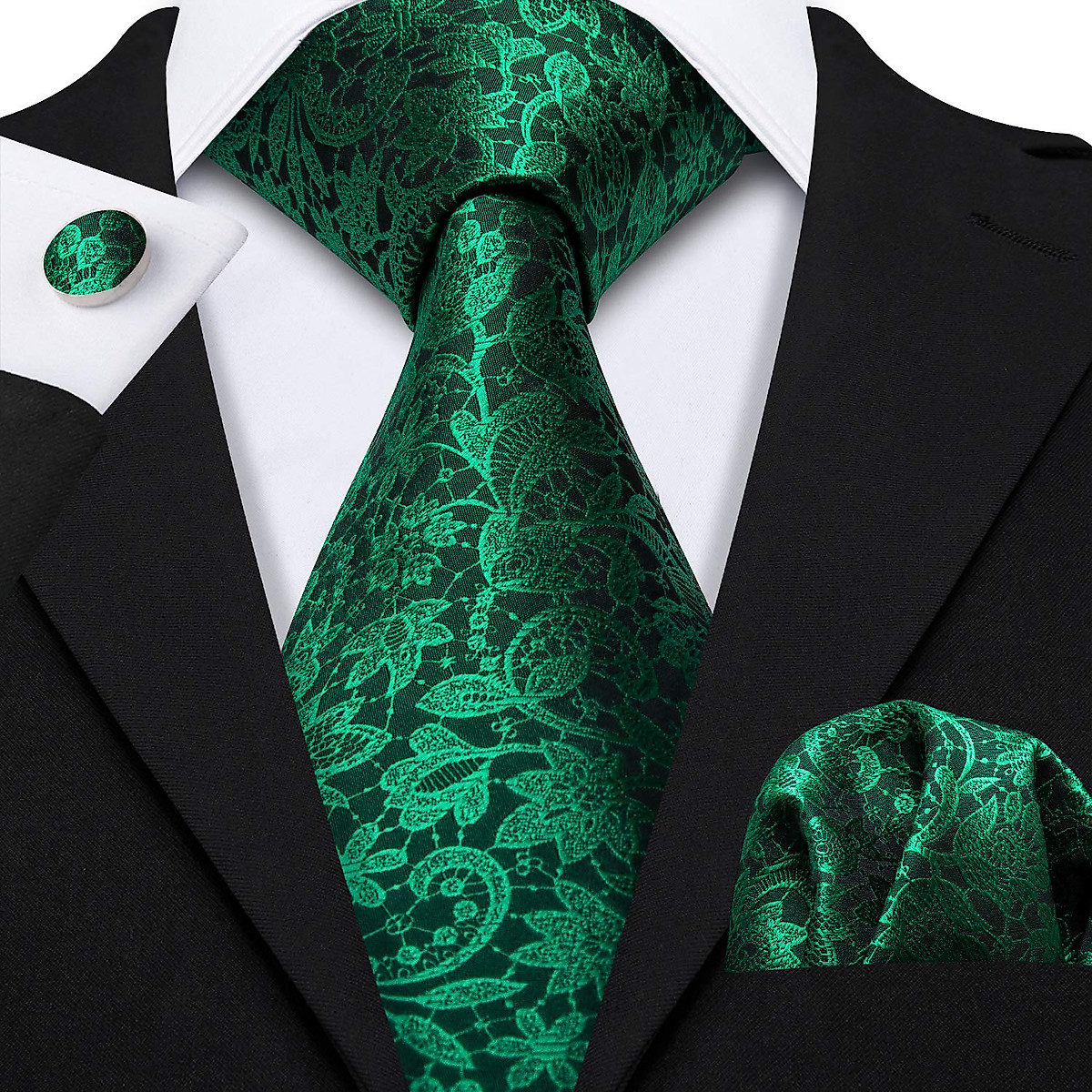 Barry.Wang Emerald Green Ties Silk Flower Paisley Necktie for Men Set Wedding St. Patrick's Day
