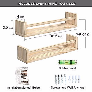 Classic Nursery Shelves, Set of 2 Natural Wood Floating Book Shelves for Kids Room, Wall Shelves for Bathroom Decor, Kitchen Spice Rack, Book Shelf Organizer for Baby Nursery Décor (16.5Lx4W)