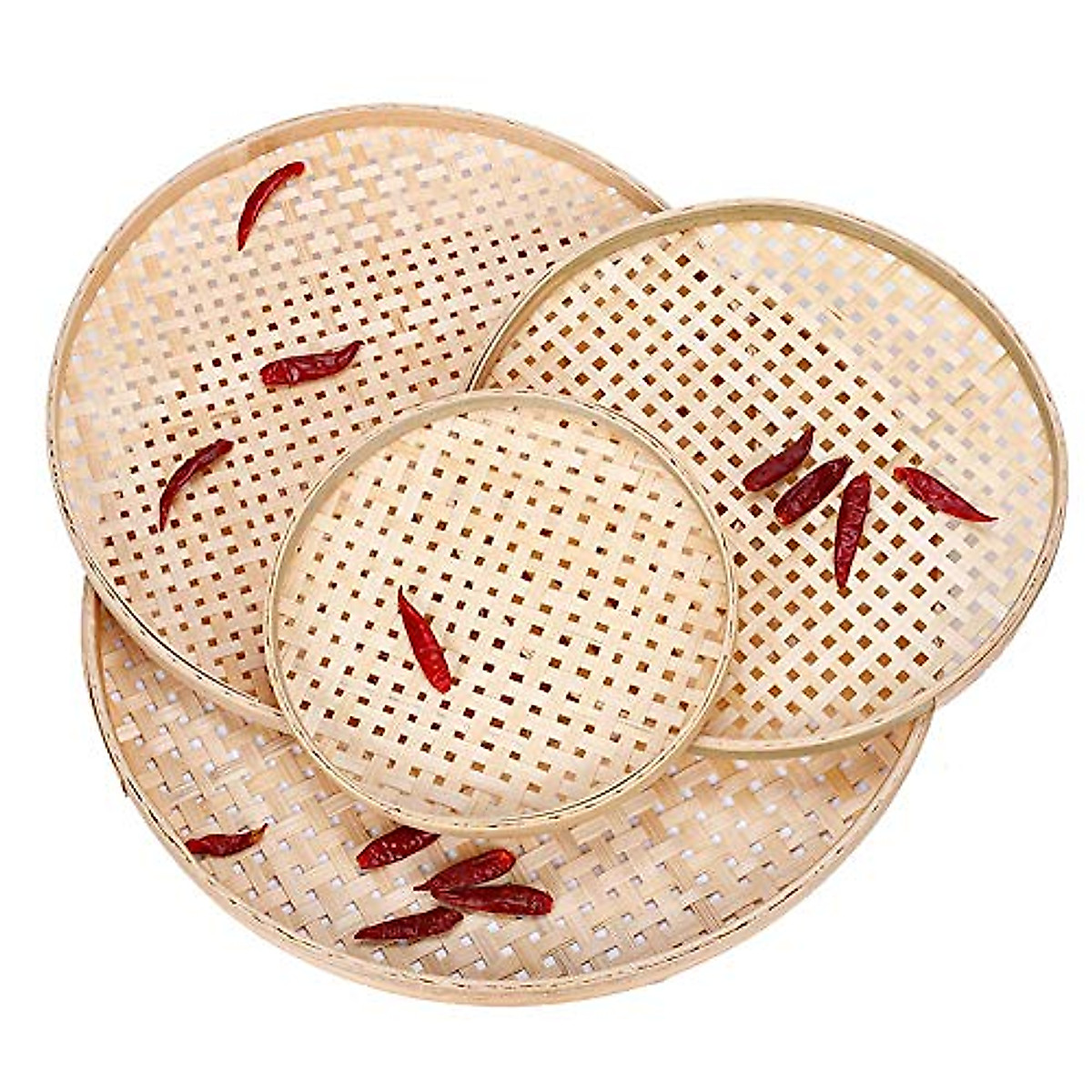 100% Handwoven Flat Wicker Round Fruit Basket Woven Food Storage Weaved Shallow Tray Organizer Holder Bowl Decorative Rack Display Kids DIY Drawing Board (Sqaure Hollow-Bamboo White, 22cm/8.7")