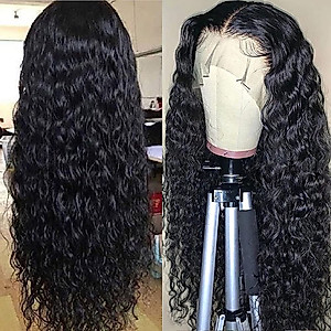 Kropan 30 Inch Water Wave Lace Front Wigs Human Hair Brazilian Virgin Human Hair 13X4 Lace Frontal Wig 180% Density Pre Plucked With Baby Hair Natural Black Wigs