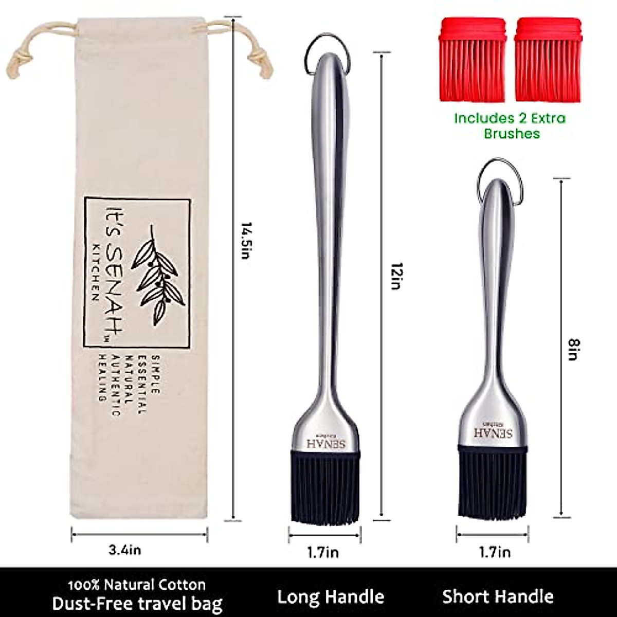 It's Senah | New 7pcs Bundle | 304-Stainless Steel BBQ Grill Basting Brush with 100% Natural, DUST-FREE Cotton Storage Bag, Easy Grip Handle Oil Brush, Anti-Rush Baking, Pastry Cooking Brushes
