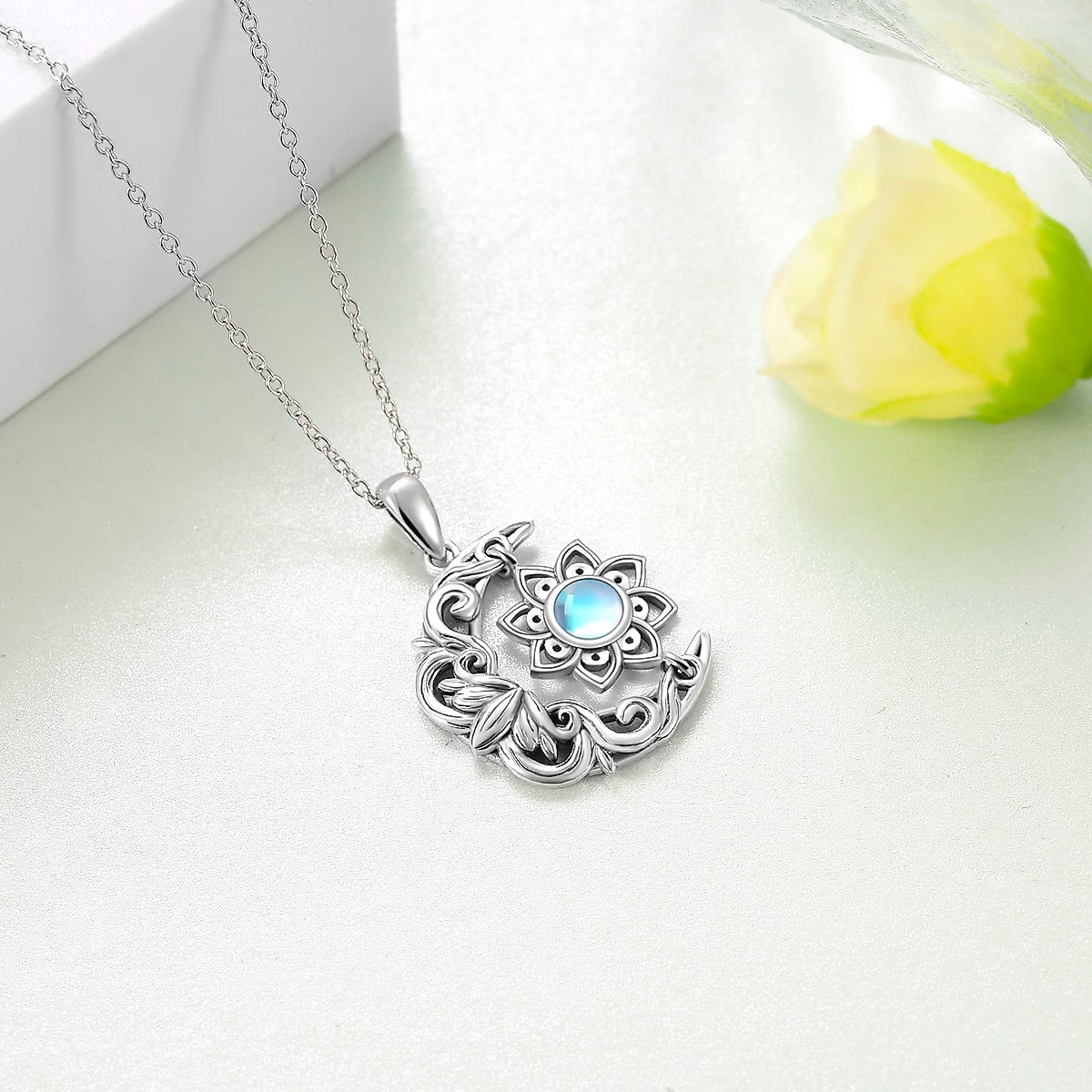 SCZKLAQ Lotus Necklace for Women 925 Sterling Silver Lotus Flower Necklace Moonstone Yoga Lotus Jewelry for Women Lotus Gifts