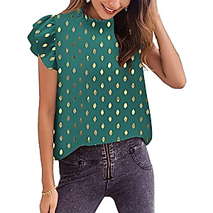 Avanova Women's Gold Dot Print Ruffle Cap Sleeve Frill Trim Crewneck Elegant Work Blouse Top Gold Dot Light Green X-Large
