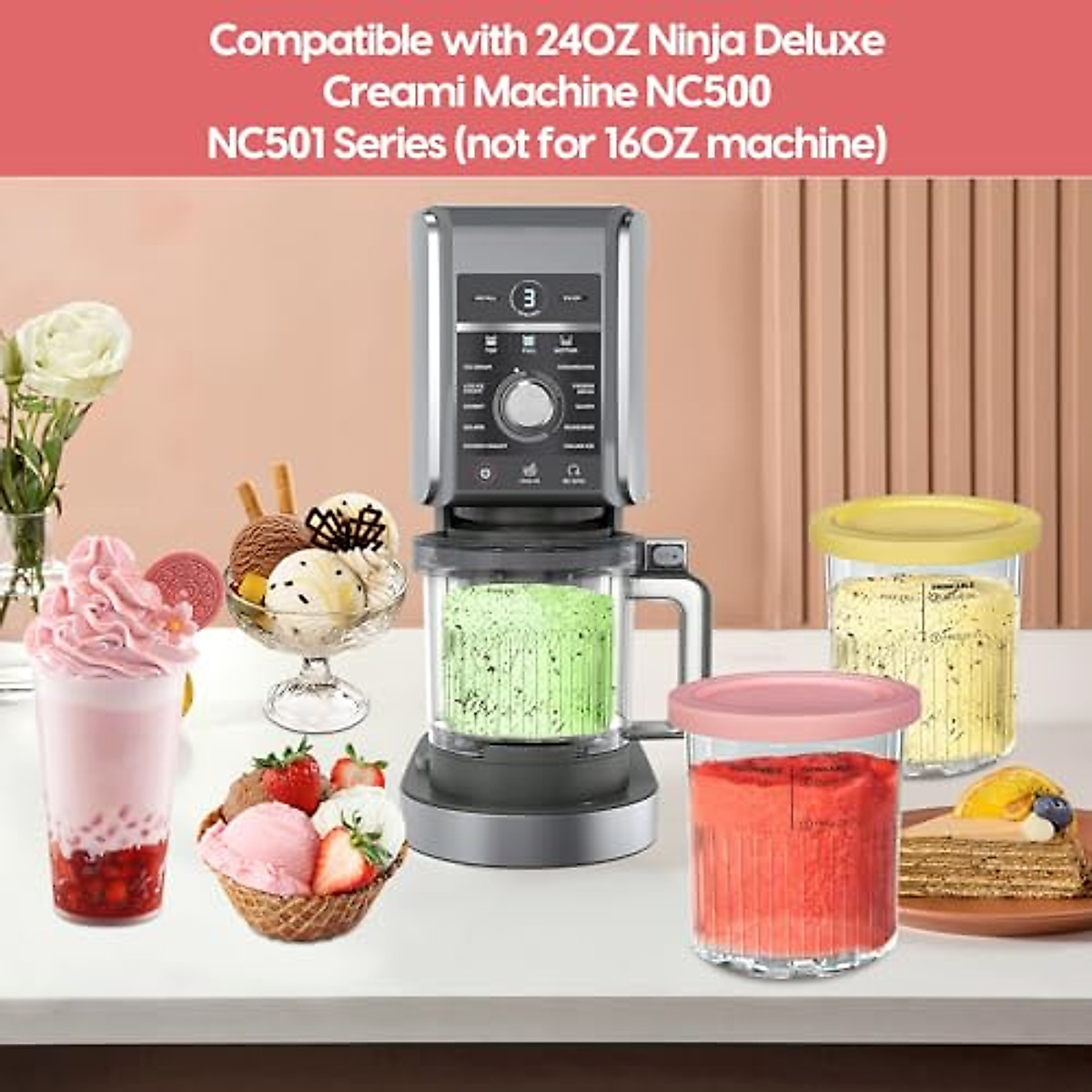 Turgorl NC500 NC501 Ice Cream Pint for Ninja Creami Deluxe Pints and Lids 4 Pack, 24 oz. food container for Ninja Delux Ice Cream Maker (Blue,Pink,Yellow,Green)