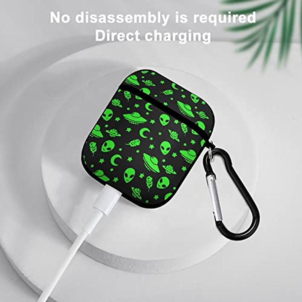 Airpod Case Soft Silicone Flexible Skin Alien Funny Spaceships Planet Green Black Case Cover for Apple AirPods 2&1 Fashion for Girls Boys with Keychain