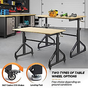 BMJX 43.3” Work Benches for Garage Height Adjustable Work Table with Crank Handle & Casters, Heights from 30” to 41.3”, Wooden Top Workbench for Workshop, Office, Home