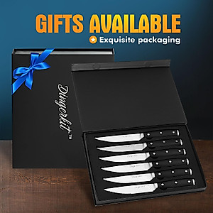 Dingerkit Steak Knives Set of 6, Black Steak Knives - Serrated High Carbon Stainless Steel Steak Knife Set for Dinner Knives Set with Gift Box, 5″ Inches