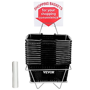 VEVOR Shopping Basket, Set of 12 Black, Durable PE Material with Handle and Stand, Basket Dimension 16.9"L x 11.8"W x 8.07"H and Used for Supermarket, Retail, Grocery- Holds 21 L of Merchandise