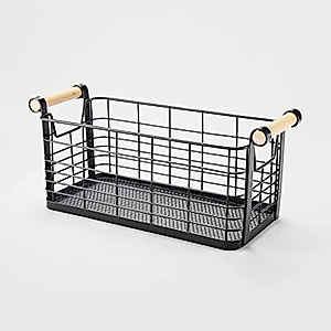 Black Little Rectangular Wire Basket with Natural Wood Handles