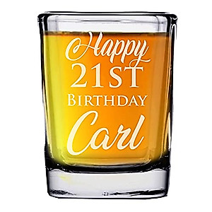 Customized 21st Birthday Party Shot Glass, Wine Glass, Beer Glass and Champagne Flute - Personalized and Engraved (2 oz Square Shot Glass)
