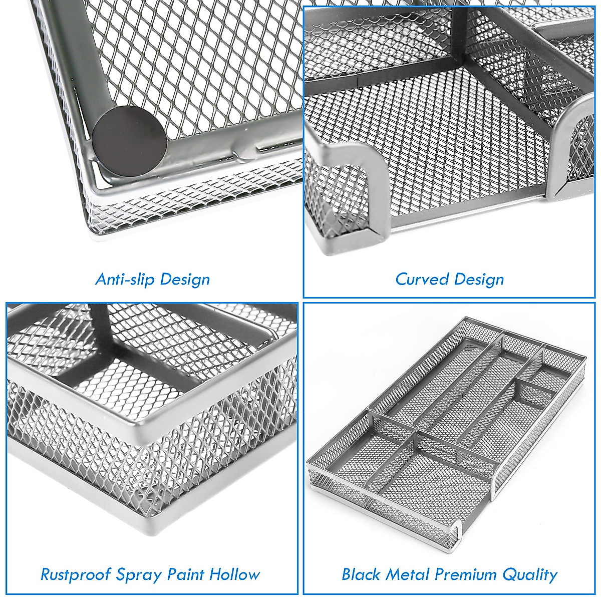 EsOfficce Drawer Organizer,Desk Organizer, Black Metal Mesh Drawer, Desk Drawer Organizer for Home Office and School,11X 6X 1.6Inch, Inch,Silver