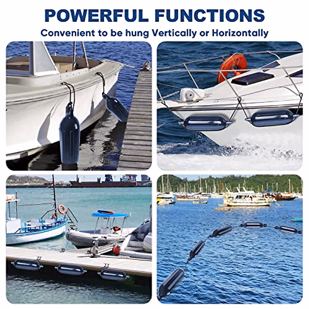 Dreizack Boat Fenders 4 Pack 6.5"x23", Boat Bumpers for Docking with 4 Ropes, Inflatable Ribbed Marine Pontoon Boat Fender Bumper for Docks with 1 Storage Bag, 1 Air Pump and 4 Needles, Blue